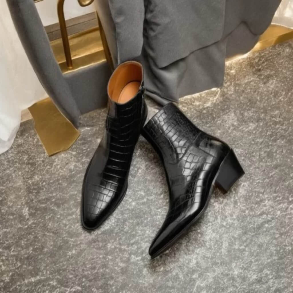 Black Croc Print Leather Fiorina Slip On Zipper Pointed Boots for Men